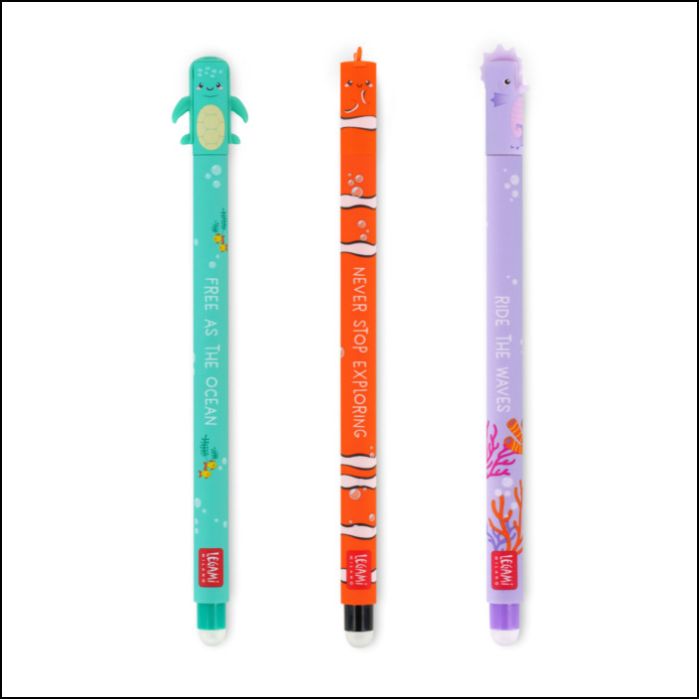 Set of 3 Erasable Gel Pens - Under the Sea - Sea Turtle + Clownfish + Seaho